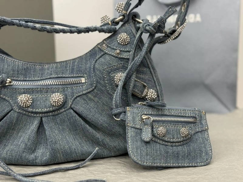 Brand-original Balenciaga Y2K Bling Denim Motorcycle Bag with Mirror Pouch