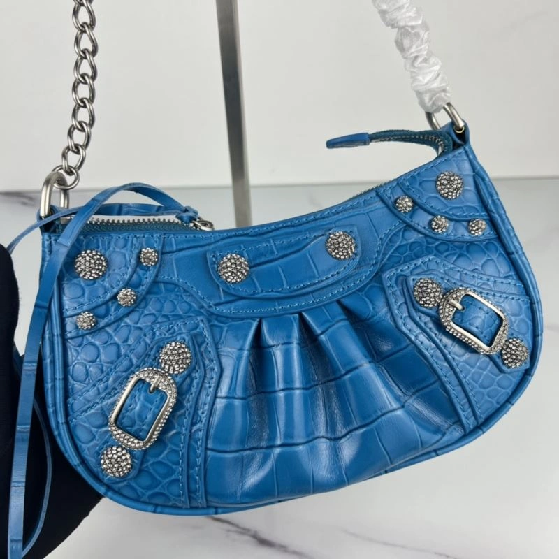 Brand-authenticated Crocodile Blue Le Cagole Mini Chain Motorcycle Bag with Rhinestones