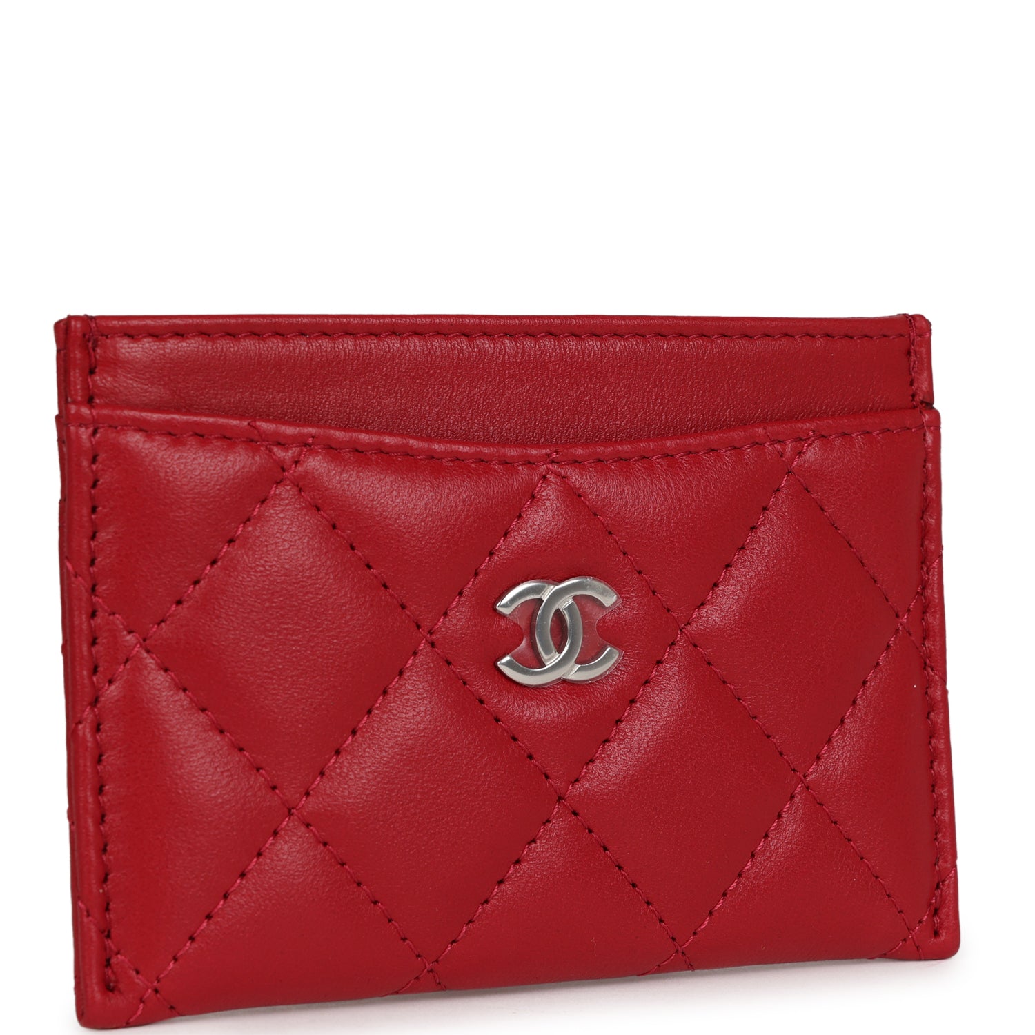 Chanel Card Holder Wallet Red Lambskin Silver Hardware - Chanel Outlet ...