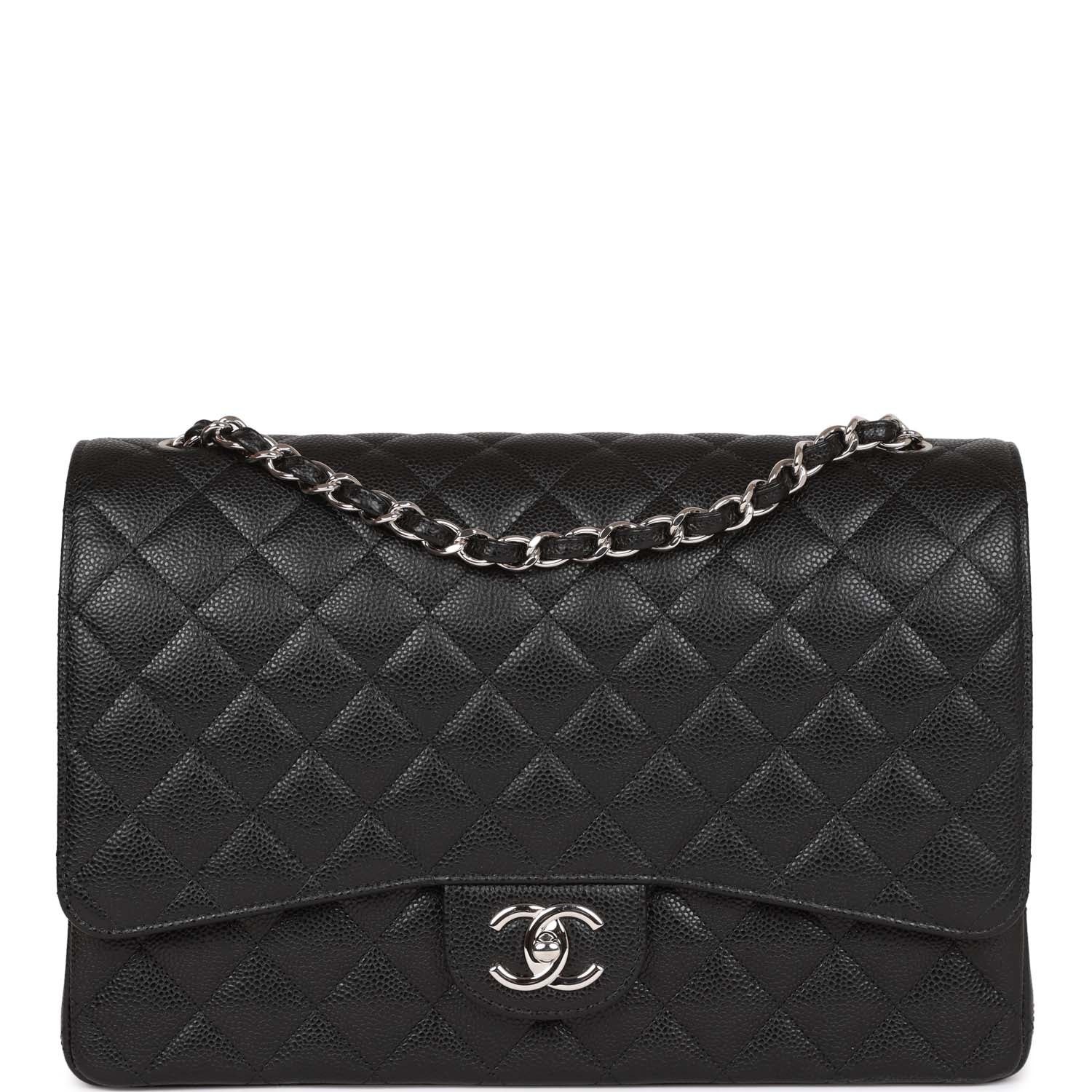 Chanel Maxi Classic Double Flap Bag Black Quilted Caviar Silver ...