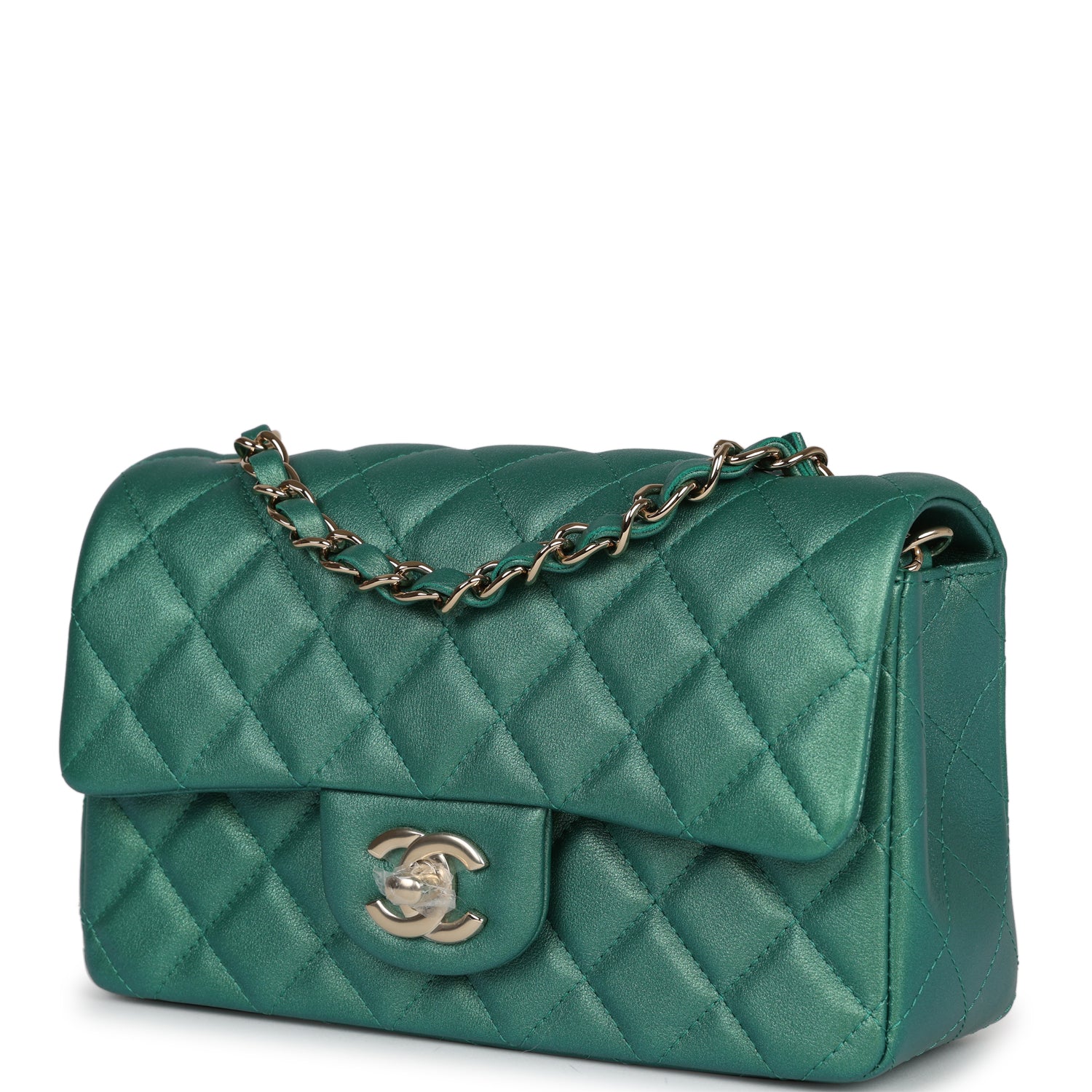 Chanel Mini Classic Rectangular Flap Iridescent Green Lambskin Light ...