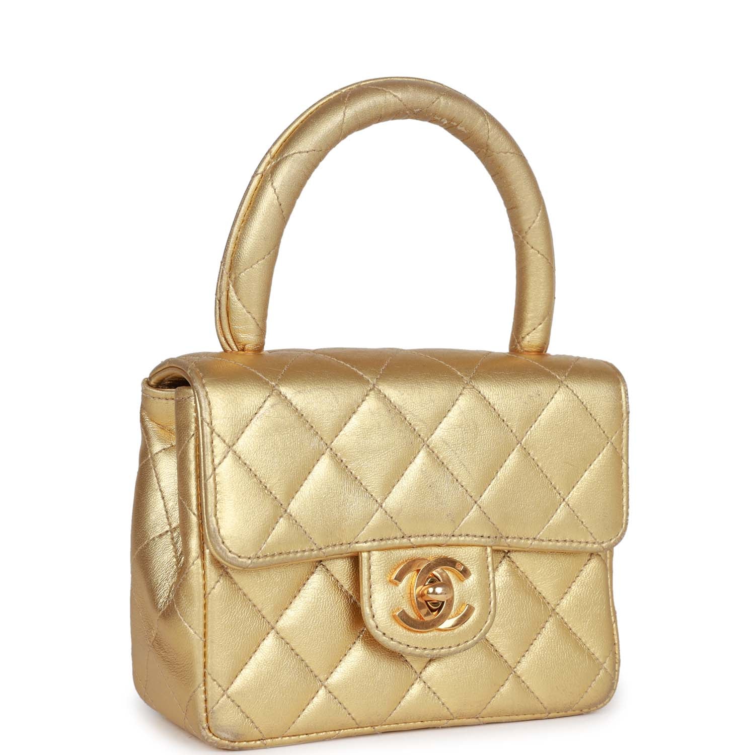 Vintage Chanel Micro Kelly Child Flap Bag Gold Metallic Lambskin Gold ...