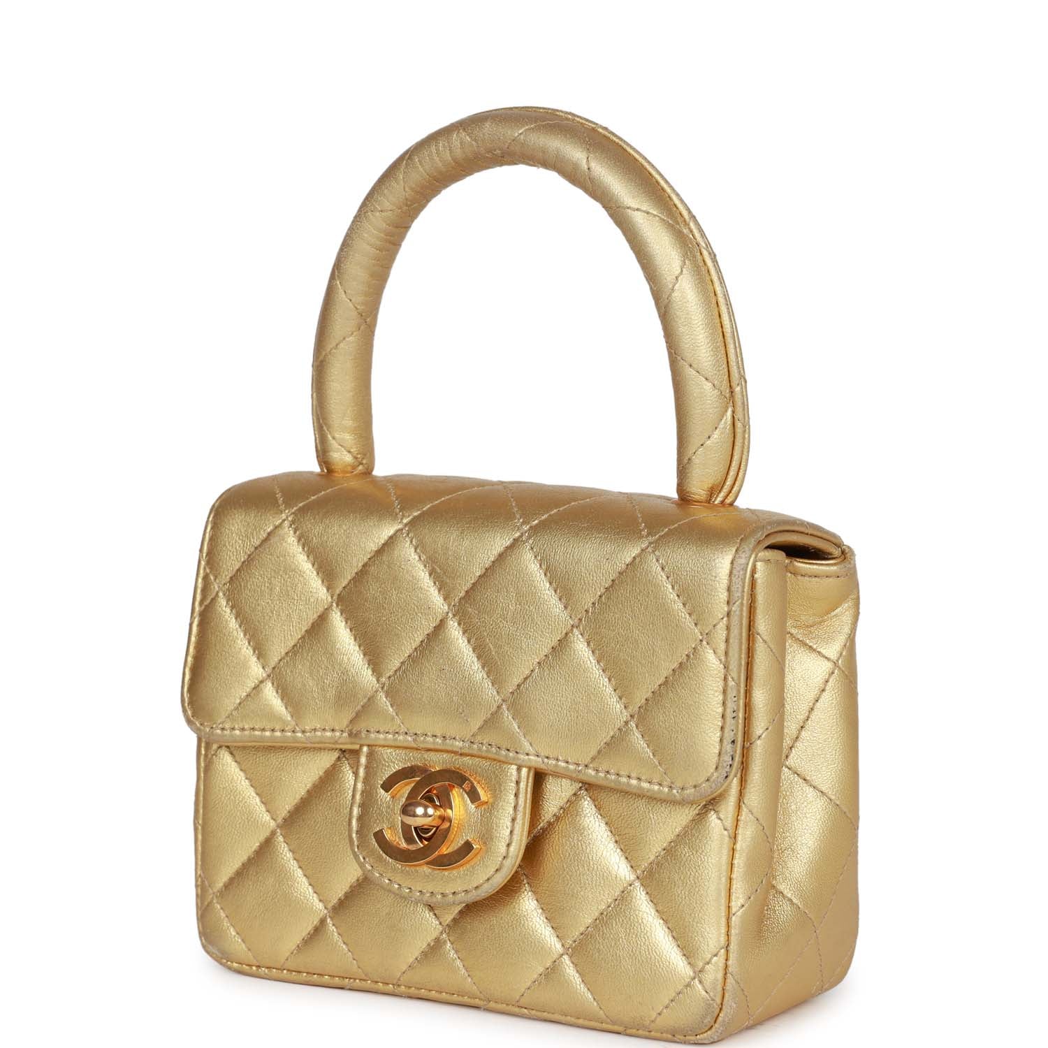 Vintage Chanel Micro Kelly Child Flap Bag Gold Metallic Lambskin Gold ...